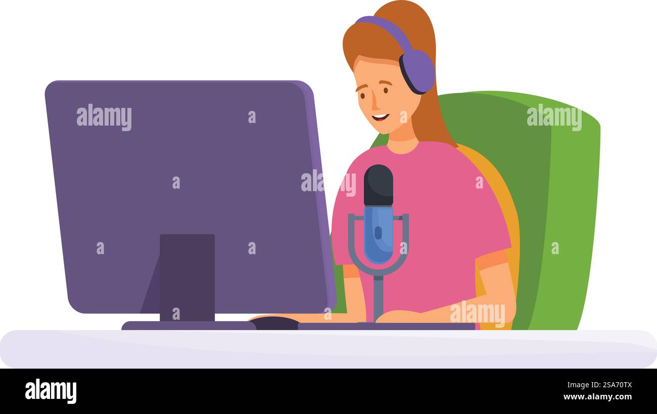 Young woman is recording a podcast using a professional microphone and ...