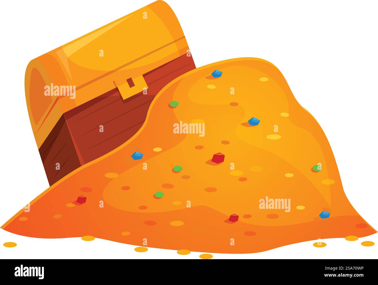 Old wooden chest full of treasures is lying on a pile of golden sand ...