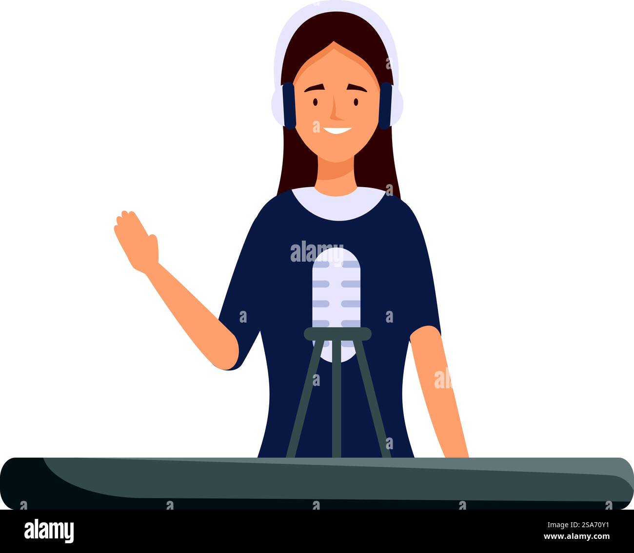 Podcaster wearing headphones is waving while recording an audio podcast ...