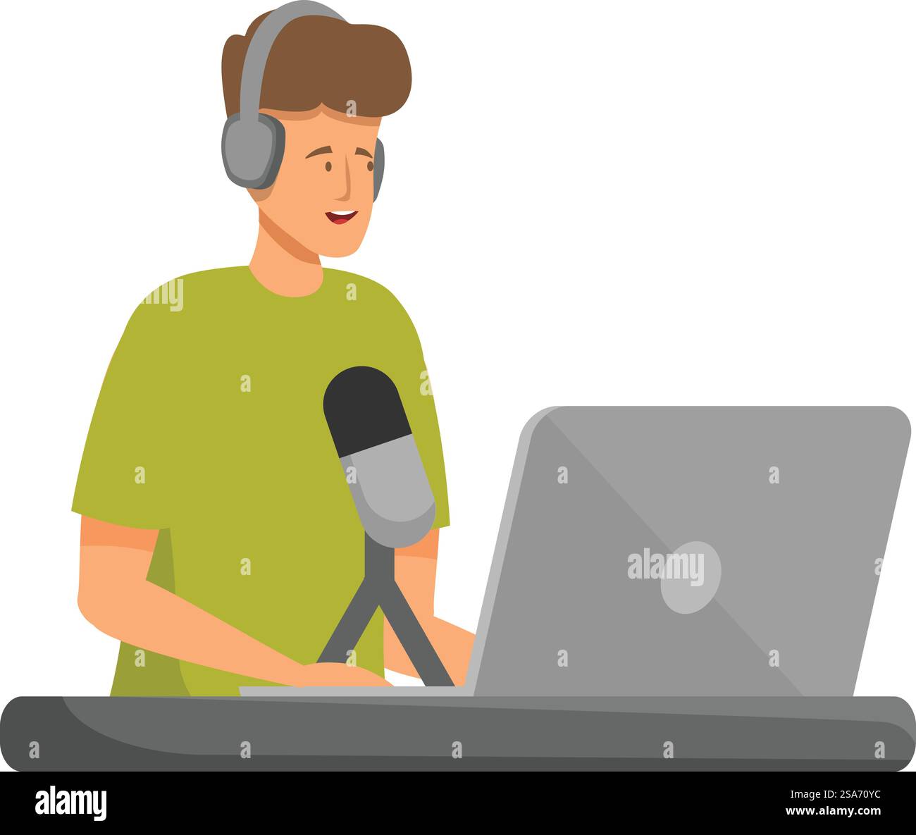 Radio host is recording a podcast, speaking into a microphone. Radio ...