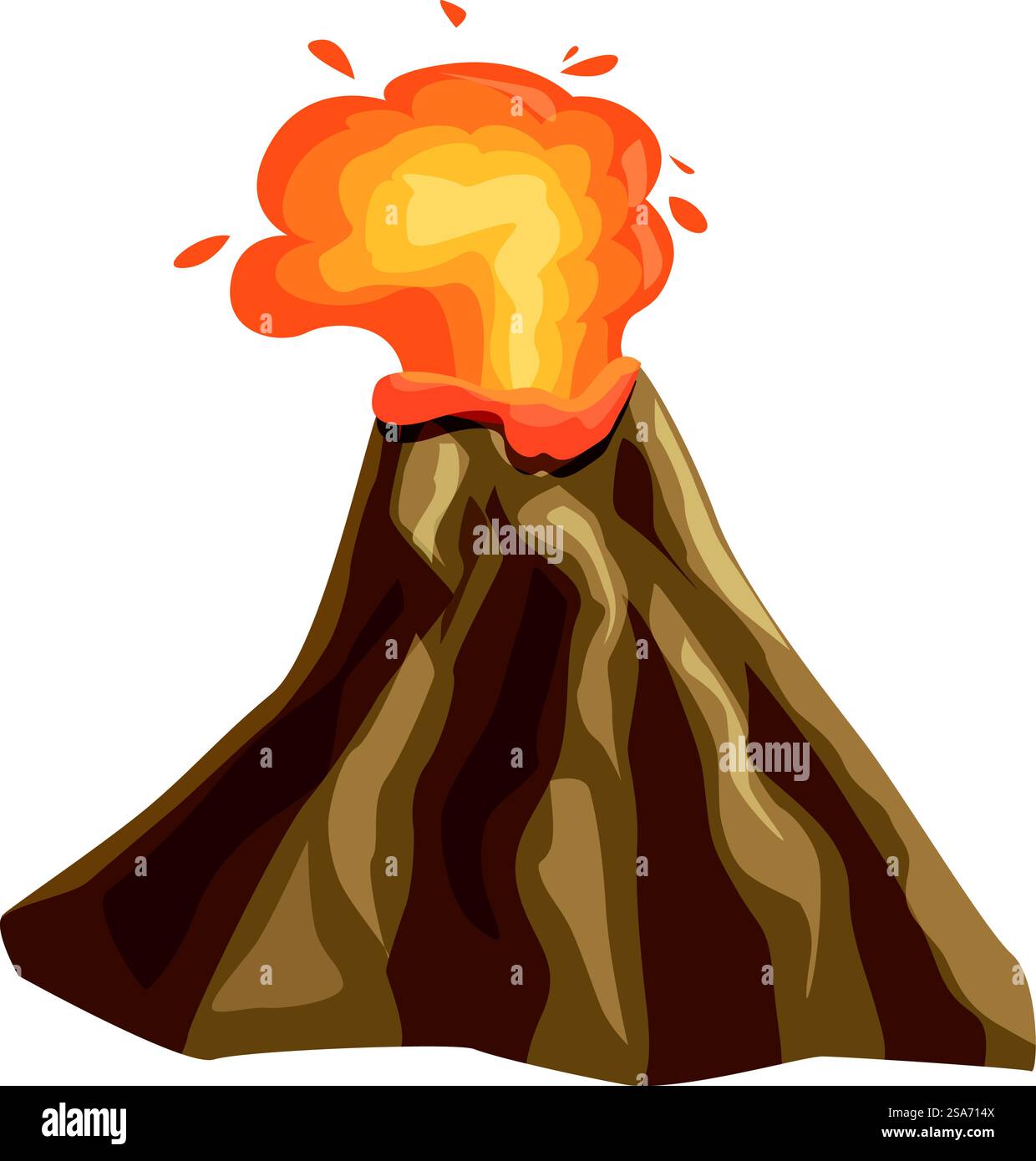 Cartoon volcano erupting, spewing hot, orange lava and rocks. Brown volcano erupting with molten ...
