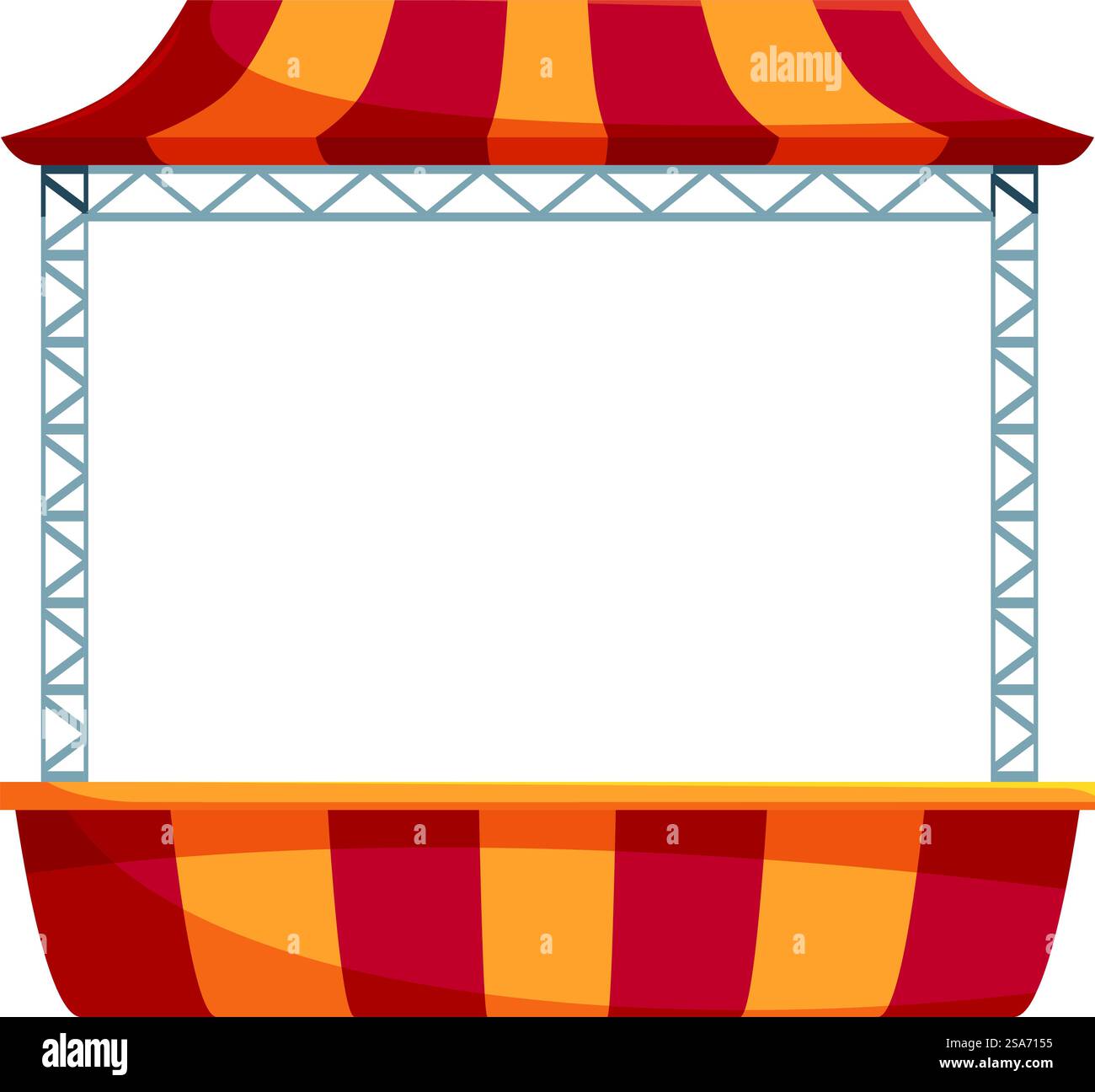 Empty street food stall with red and yellow striped awning waiting to ...