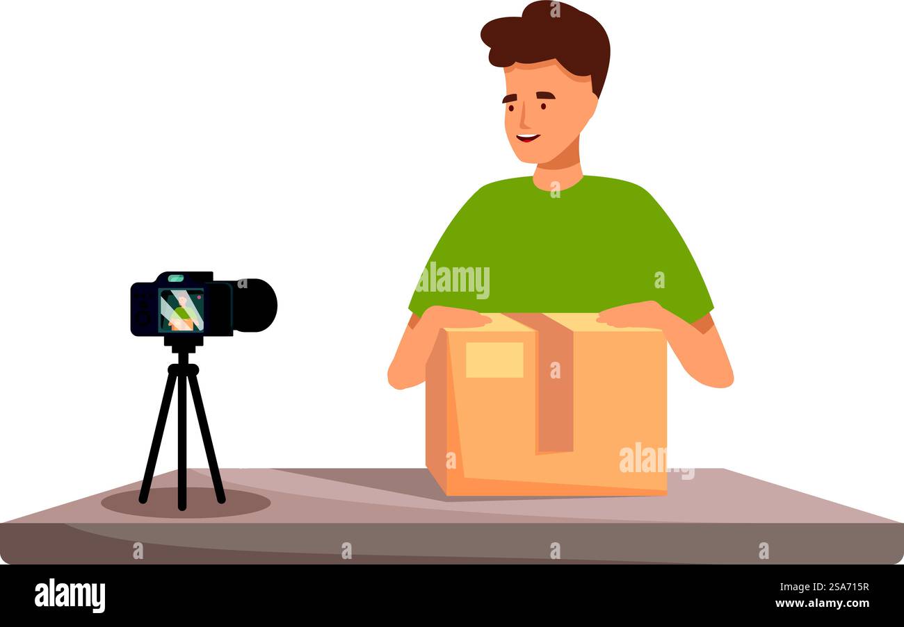 Smiling influencer unboxing package while recording video blog on ...