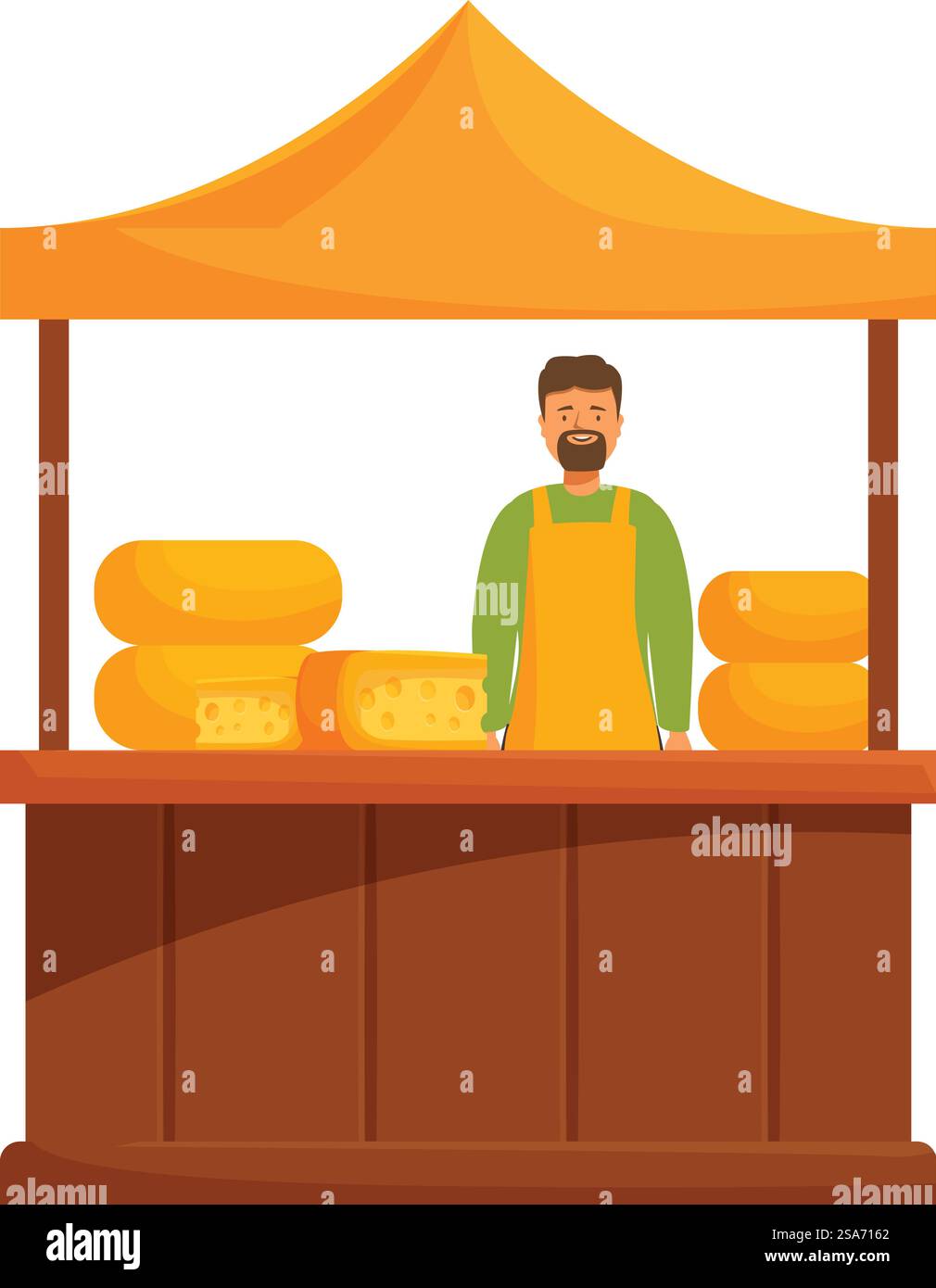 Cheese maker is standing behind a market stall selling wheels of cheese ...