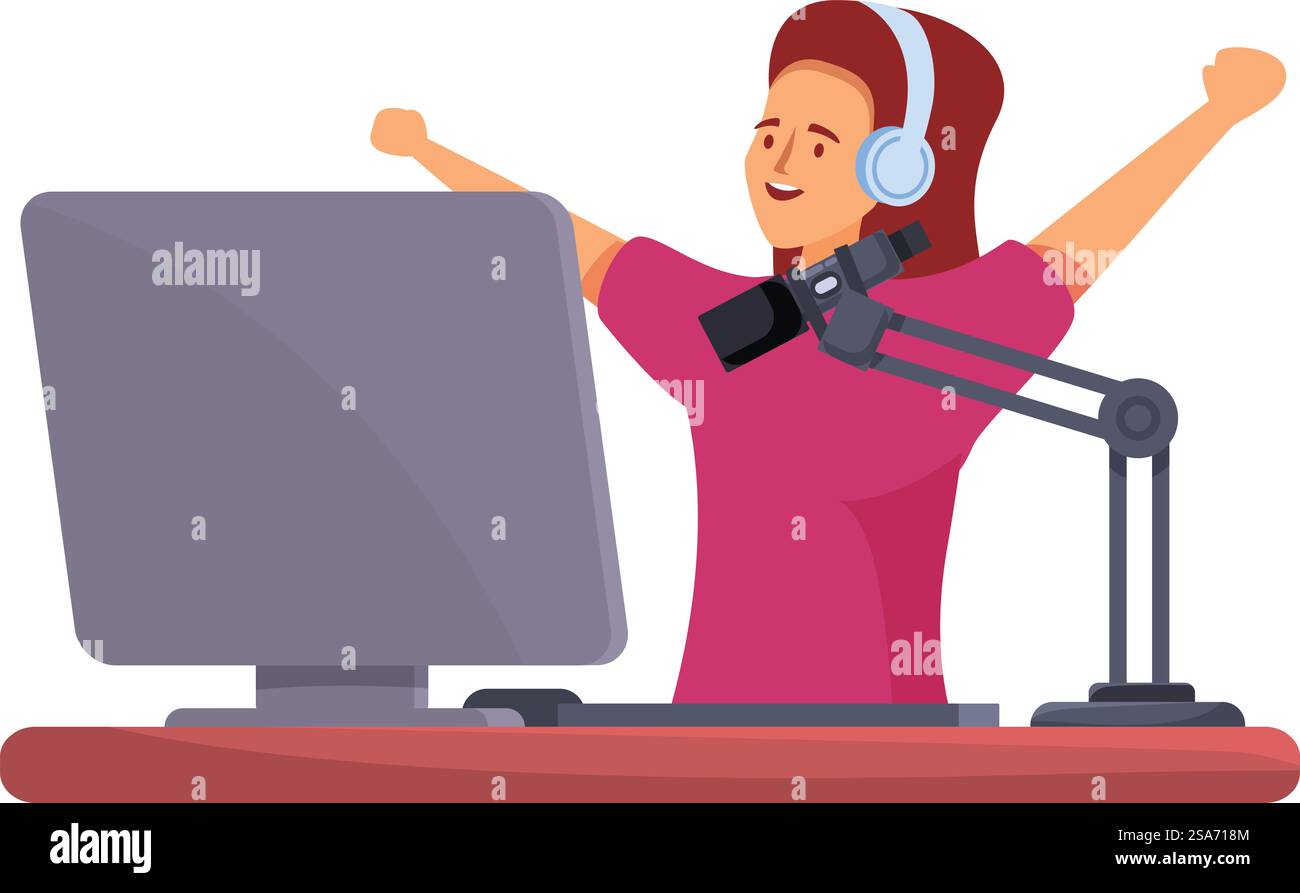 Radio host is recording a podcast and raising her arms in joy. Radio ...