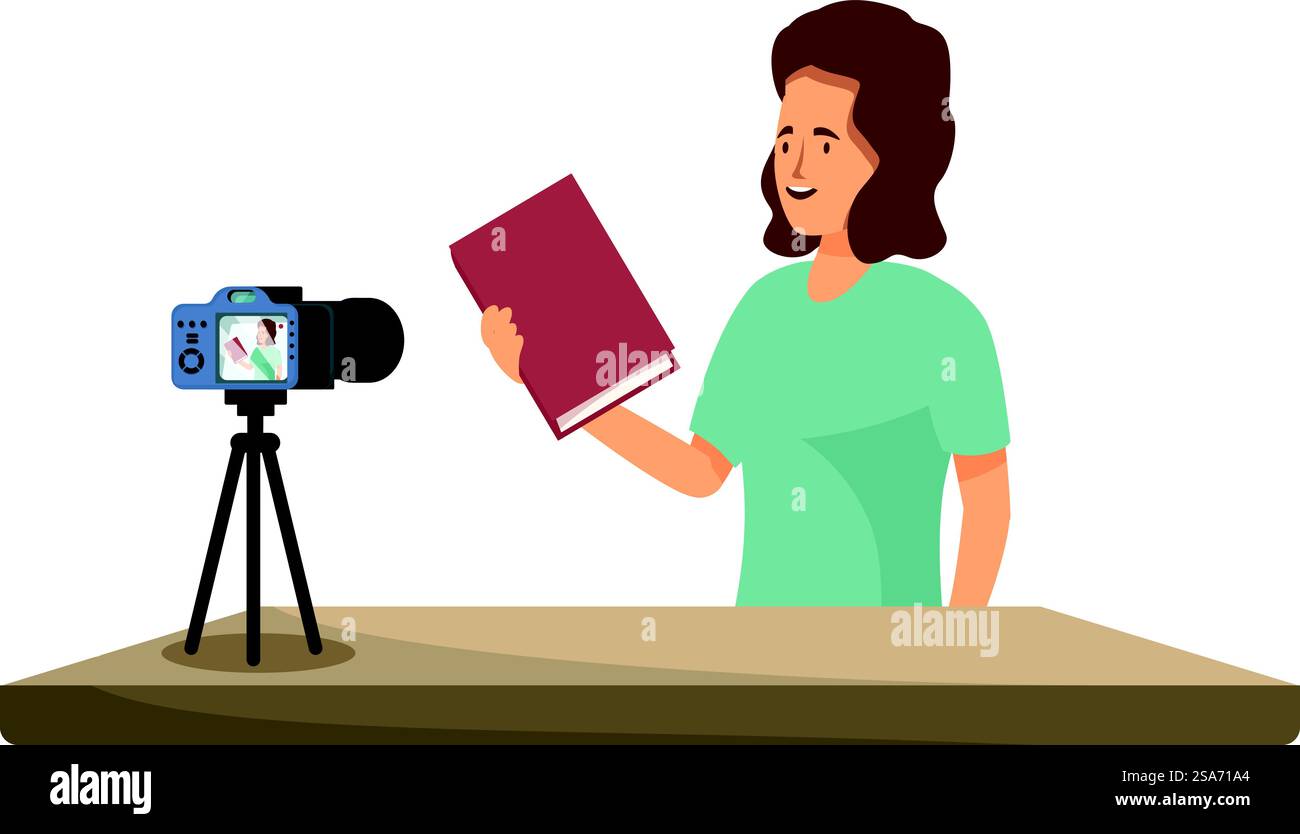 Book reviewer is recording a video blog about a novel, holding the book ...