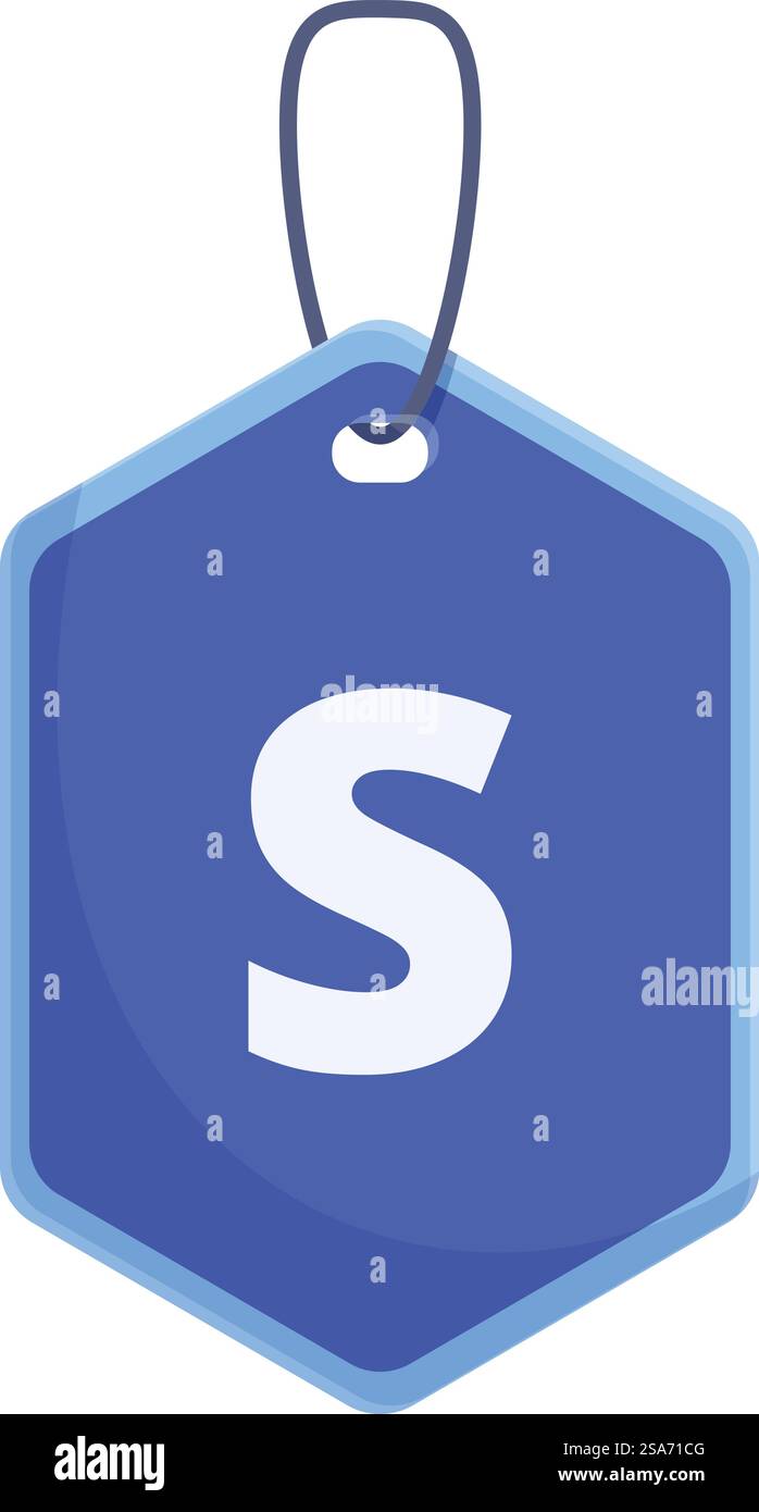 Blue hexagonal small size clothes tag with letter s hanging on white ...