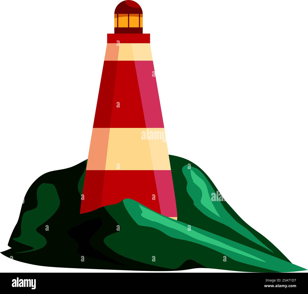 Illustration of a tall red and white lighthouse standing on a green ...