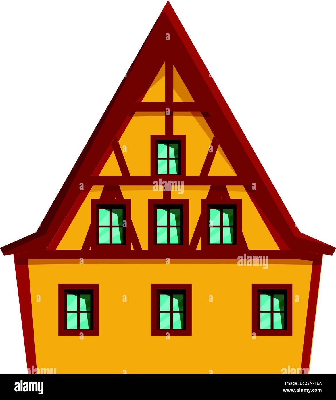 Yellow house facade with brown timber framing, featuring multiple ...
