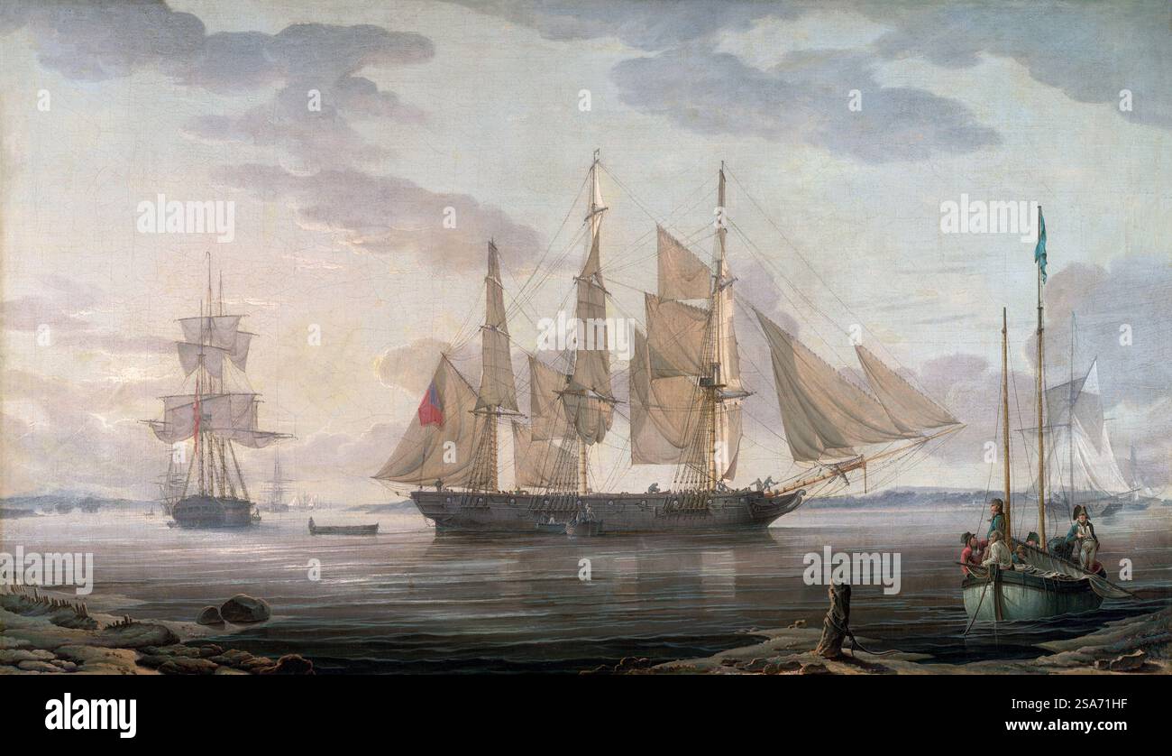 Painting of sailing ships in harbor by English artist painter Robert ...