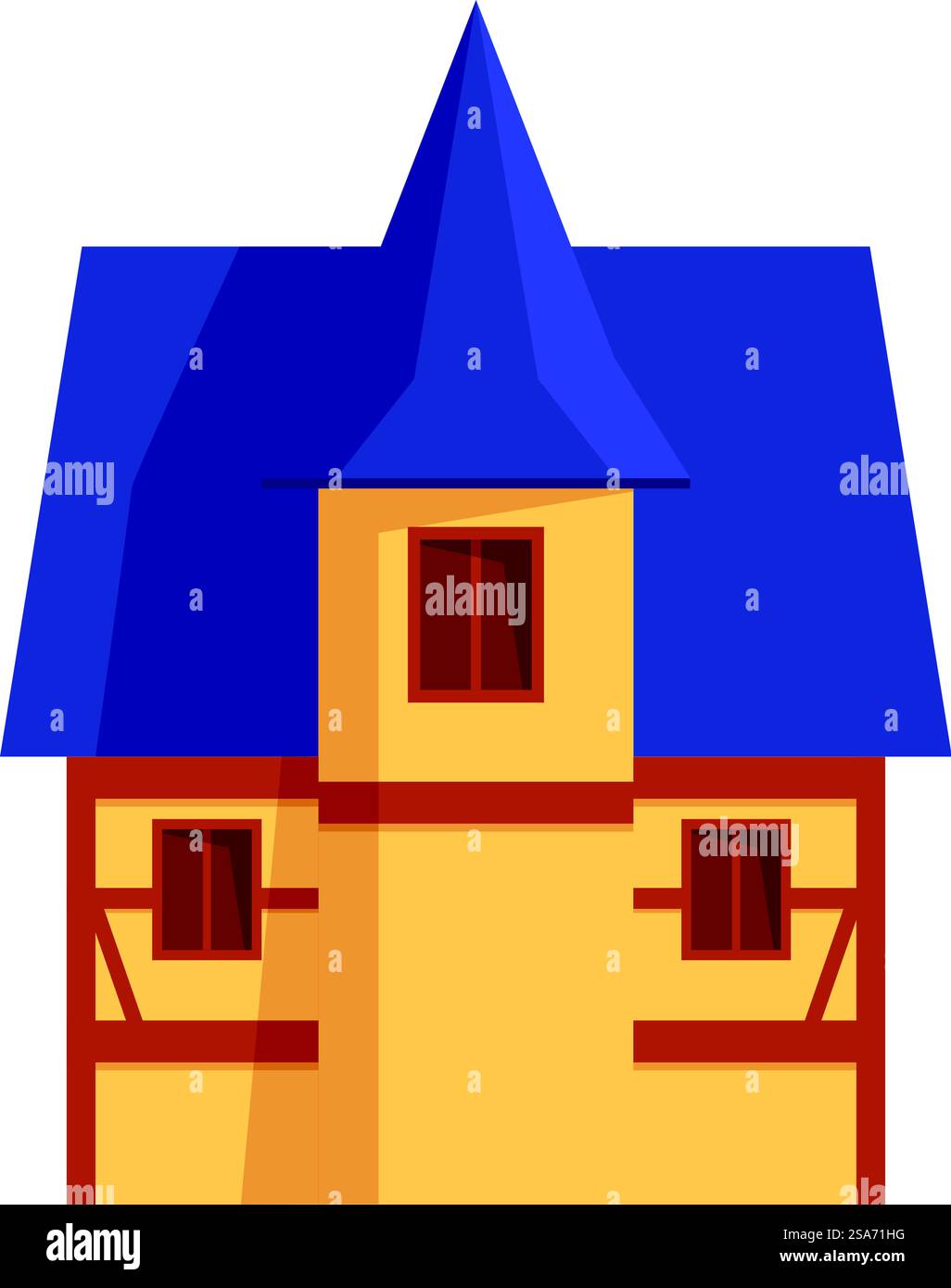 Illustration of a medieval european house with a blue roof and timber ...