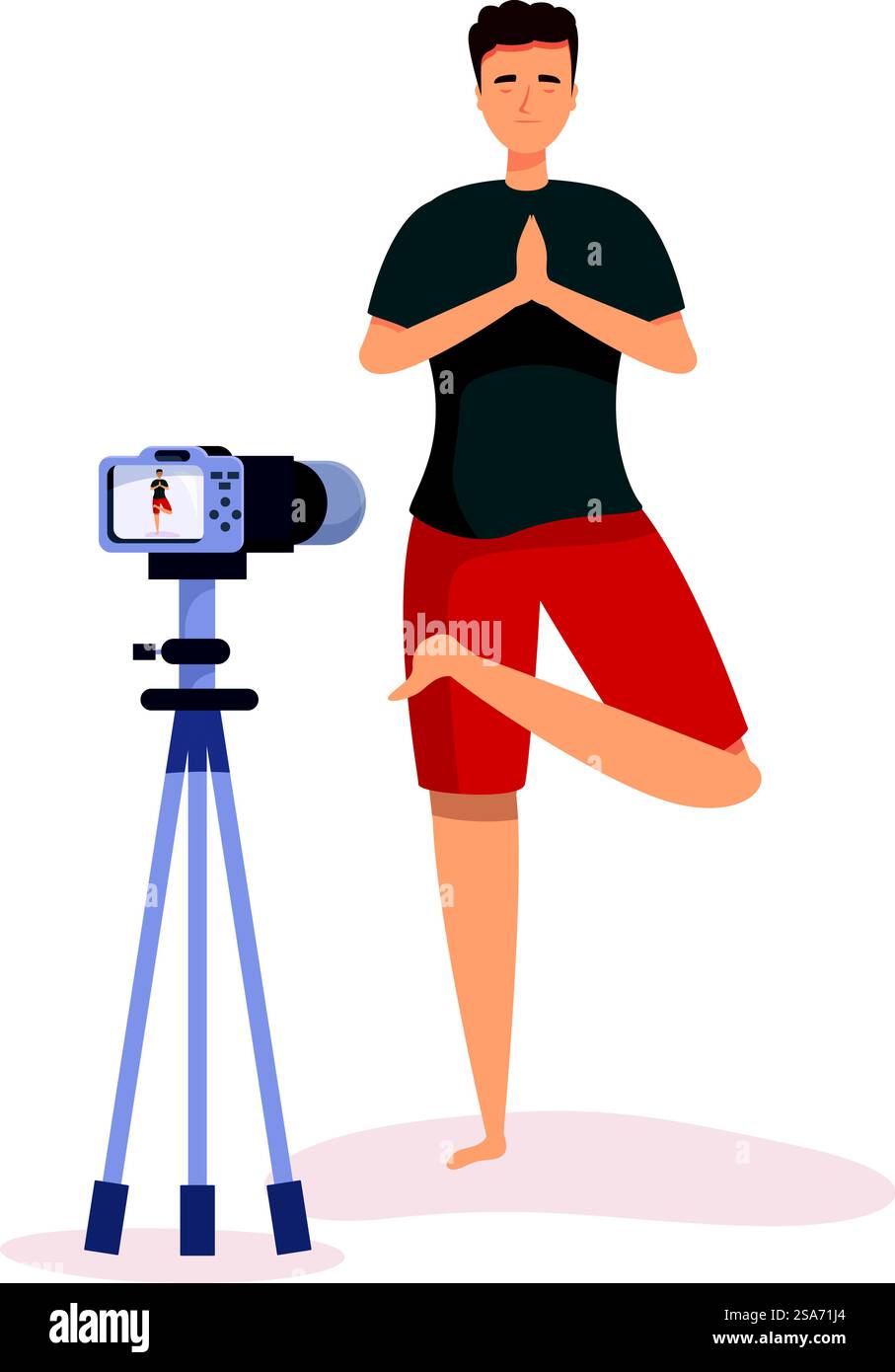 Yoga teacher is recording an online class while standing on one leg ...