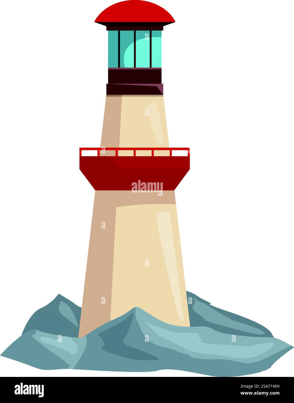 Cartoon red and white lighthouse standing on rocks guiding ships at sea ...
