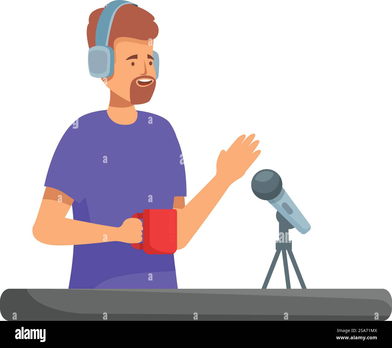 Radio host is speaking into a microphone and holding a coffee mug ...