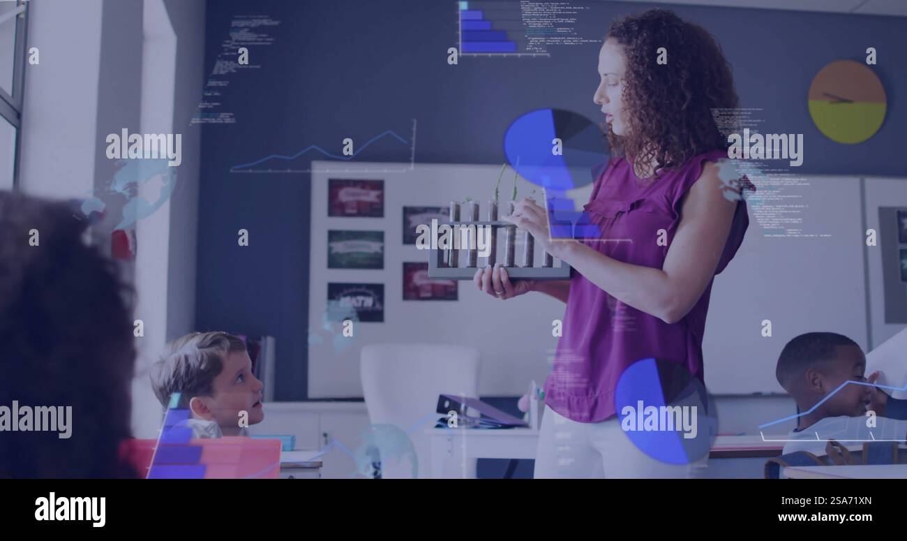 Image of data processing over diverse schoolchildren and female teacher in classroom Stock Photo ...