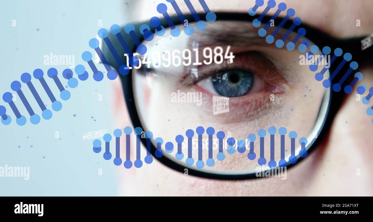 Image of dna strands and processing data over caucasian person in ...