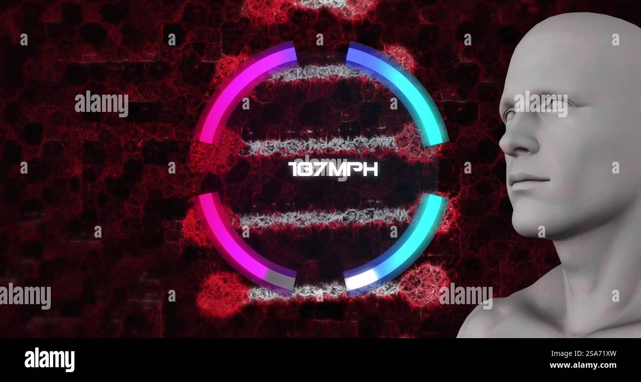 Image of speedometer interface changing speed over dna strand and male ...