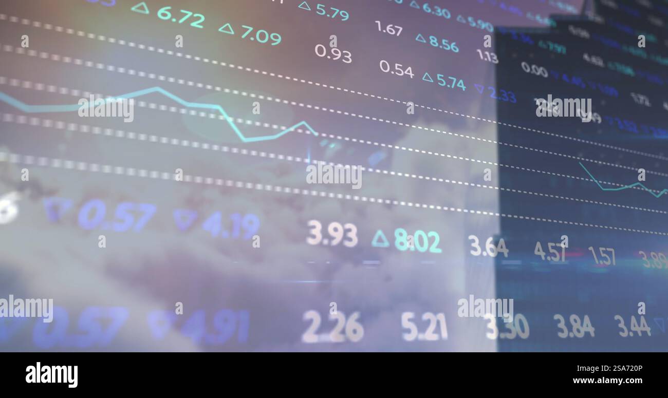 Image of diagrams and stock market over cityscape. Global technology ...