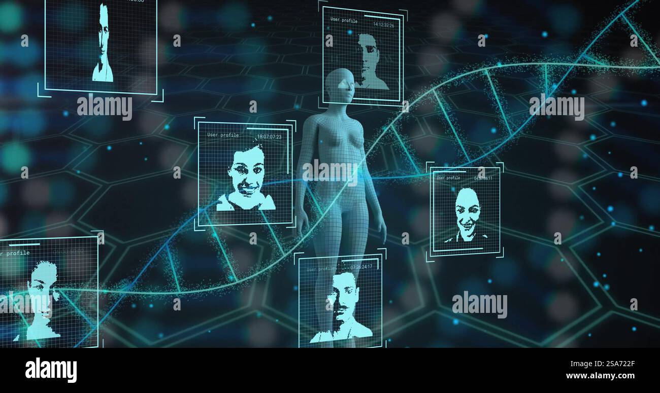 DNA strand and human figures with facial recognition image ...