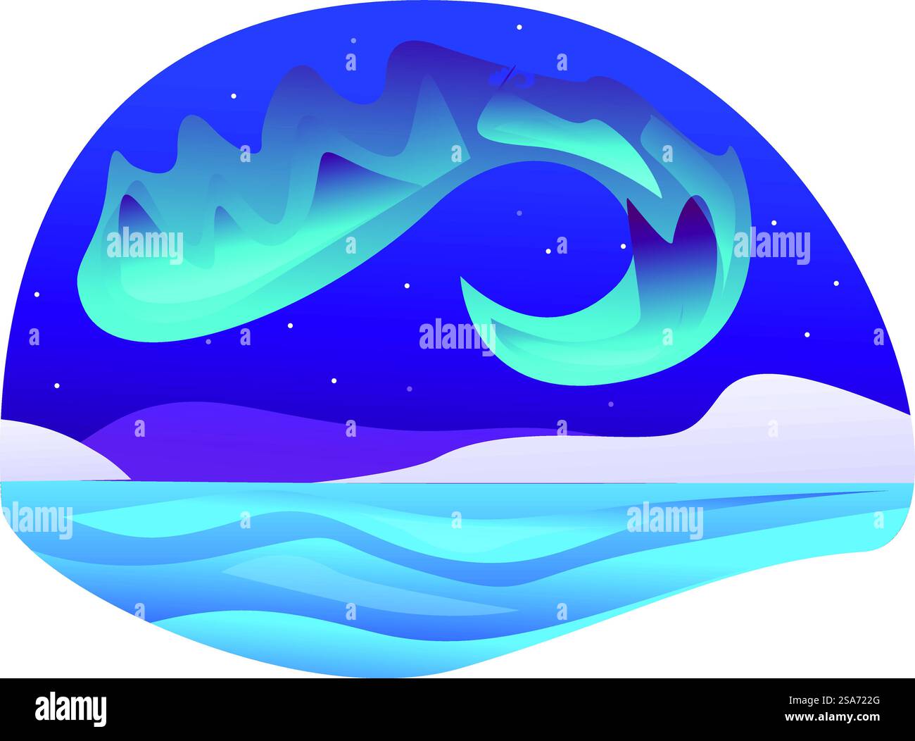 Aurora borealis illuminating a frozen landscape with snowy hills and a ...