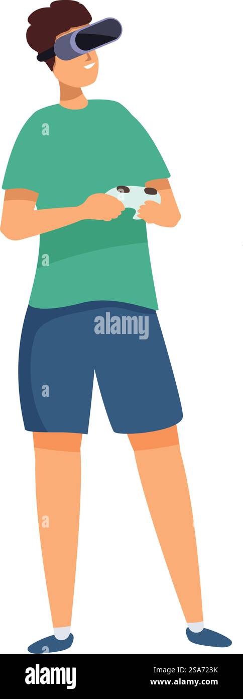 Gamer is standing and using a vr headset and controllers, immersed in a ...