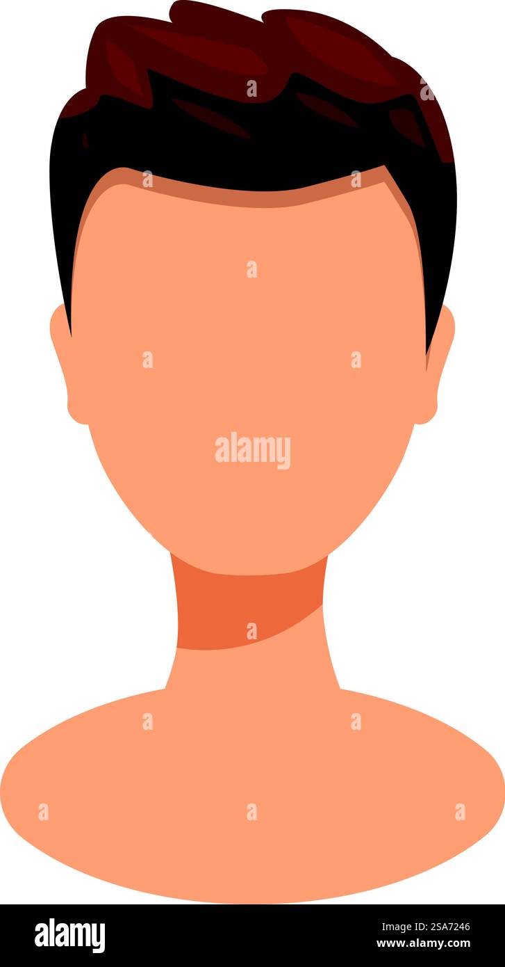 Faceless man character with brown hair is posing on white background ...