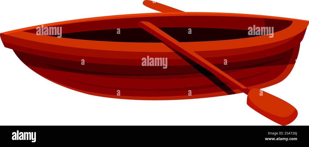 Simple cartoon icon of a small wooden rowing boat floating on water ...