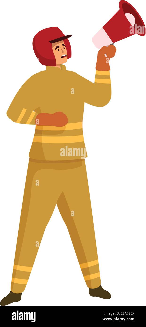 Firefighter wearing protective suit and helmet using megaphone ...