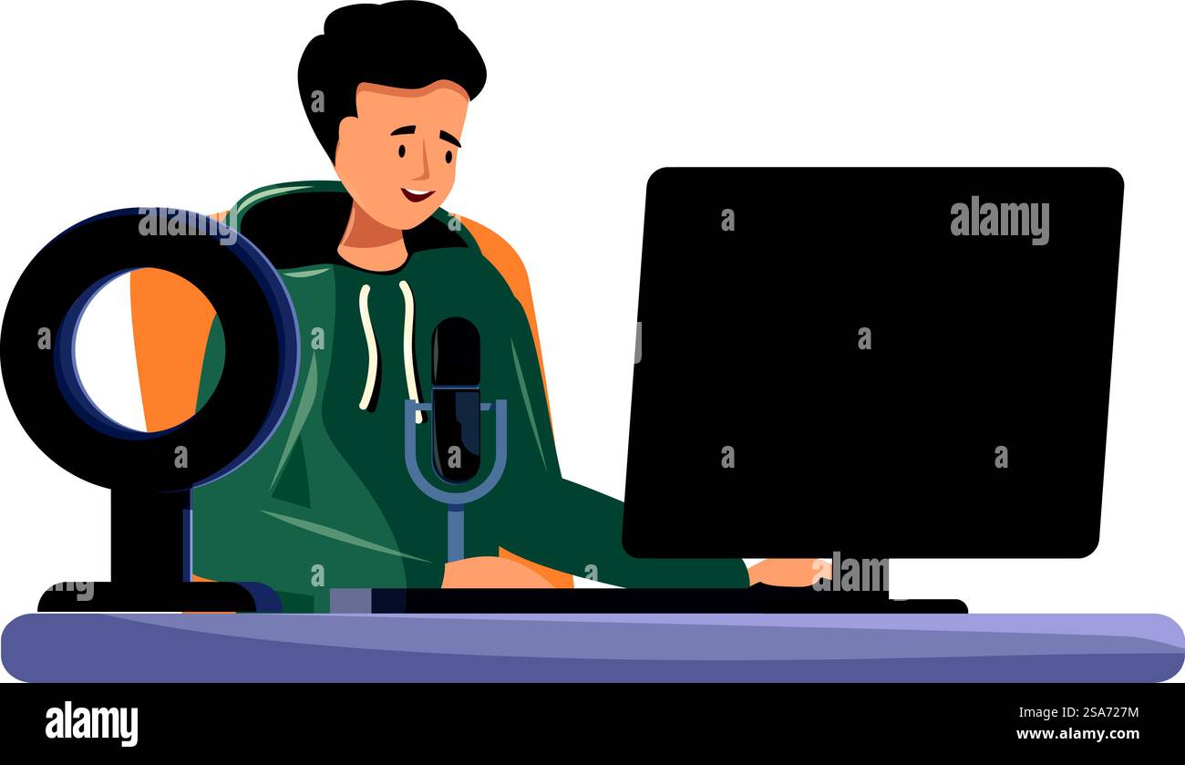 Content creator recording a podcast using a professional microphone ...