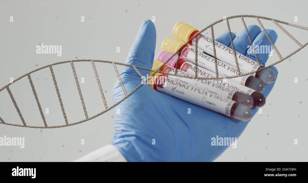 Image of dna strand spinning over hand with test tubes with blood on ...