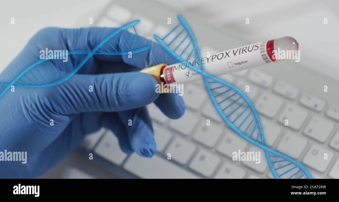 Image of dna strands spinning over hand with test tube with blood on ...