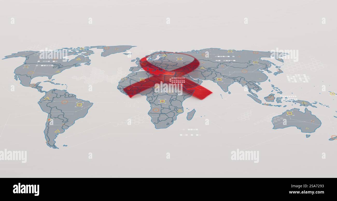 Image of red ribbon and data processing over world map on white ...