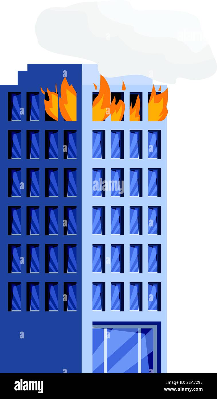 Office building engulfed in flames and producing thick smoke. Burning ...