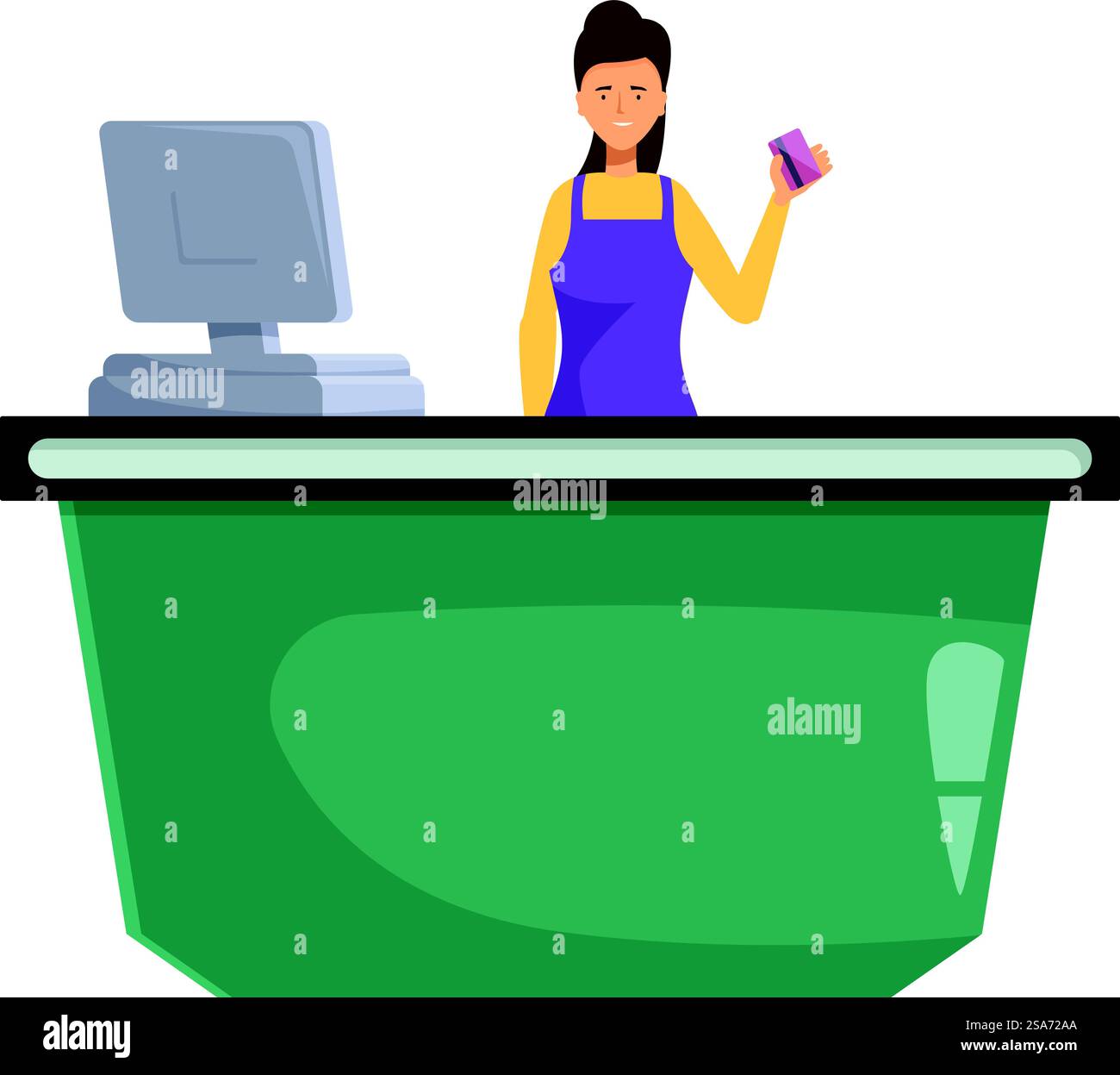 Young cashier is standing at the cash desk, holding a credit card ...