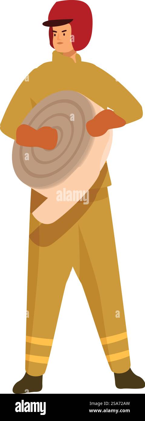 Fireman holding fire hose standing in protective clothes and helmet ...