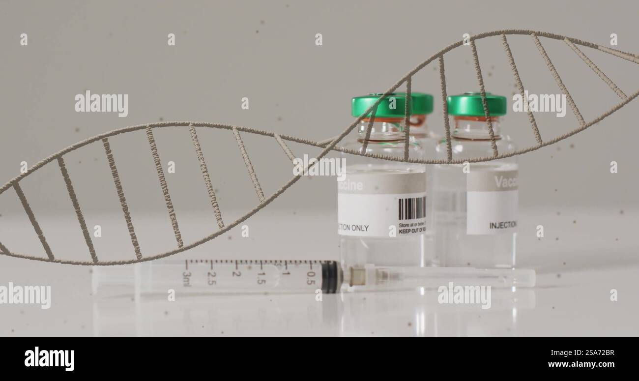 Image of dna strand spinning over vaccines and syringe on white ...