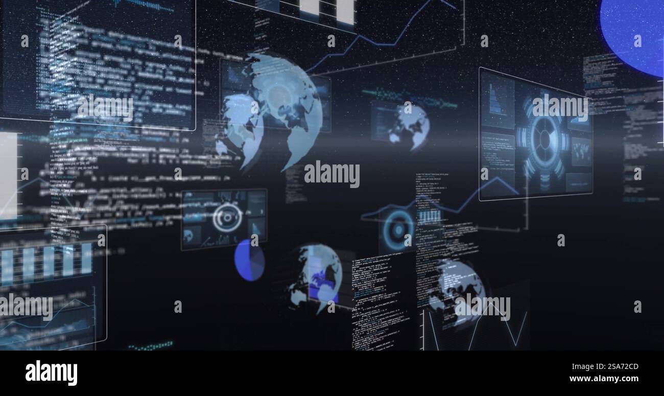 Image of data processing and diagrams over globes Stock Photo - Alamy