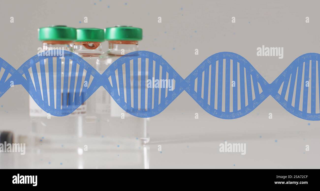 Image of dna strand spinning over vaccines and syringe on white ...