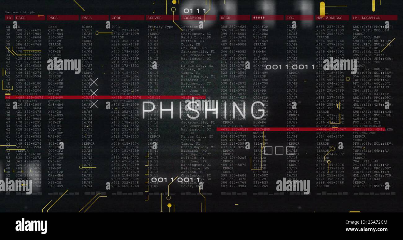 Image of phishing text and digital data processing over black ...