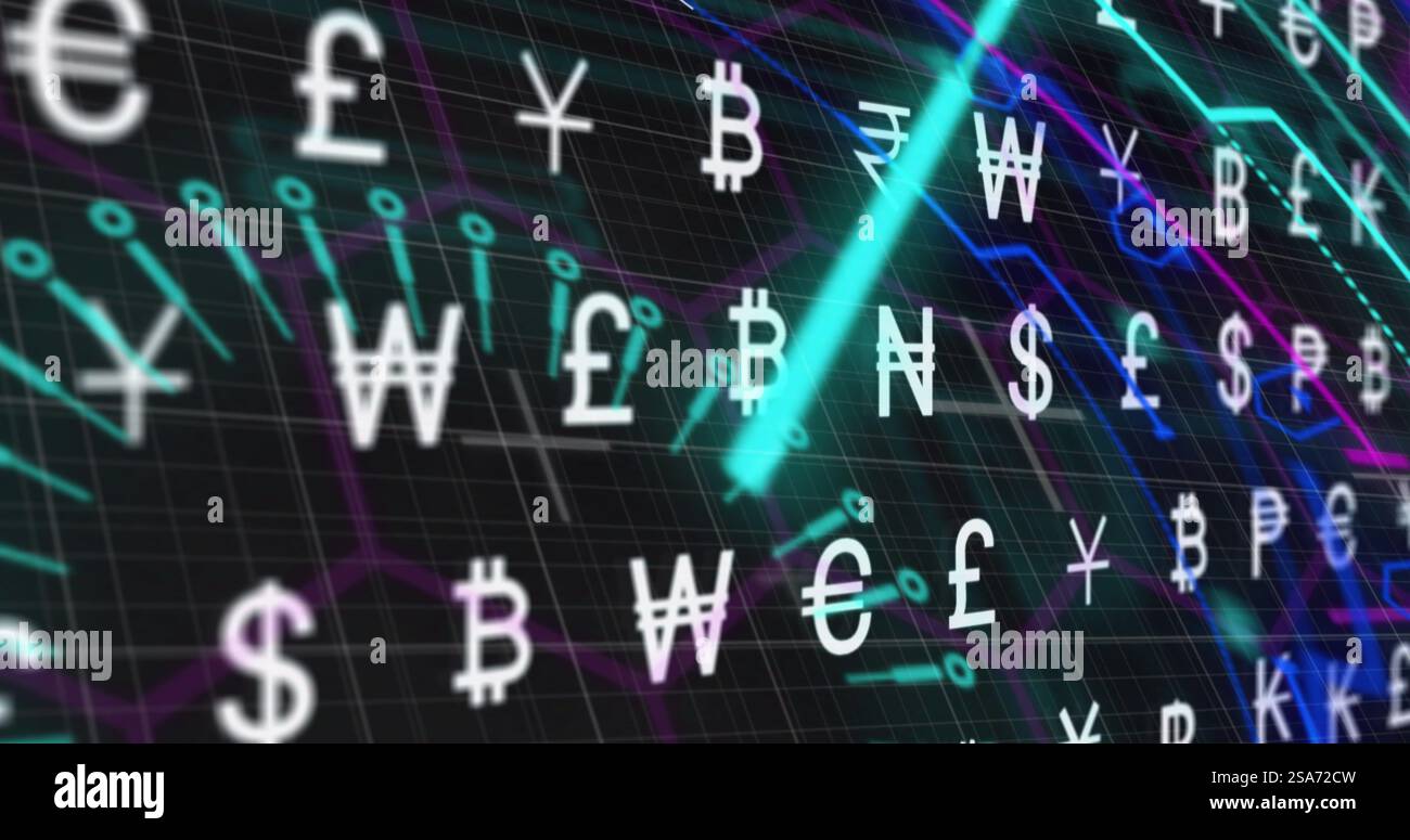 Image of currency symbols over scope scanning with shapes on black ...