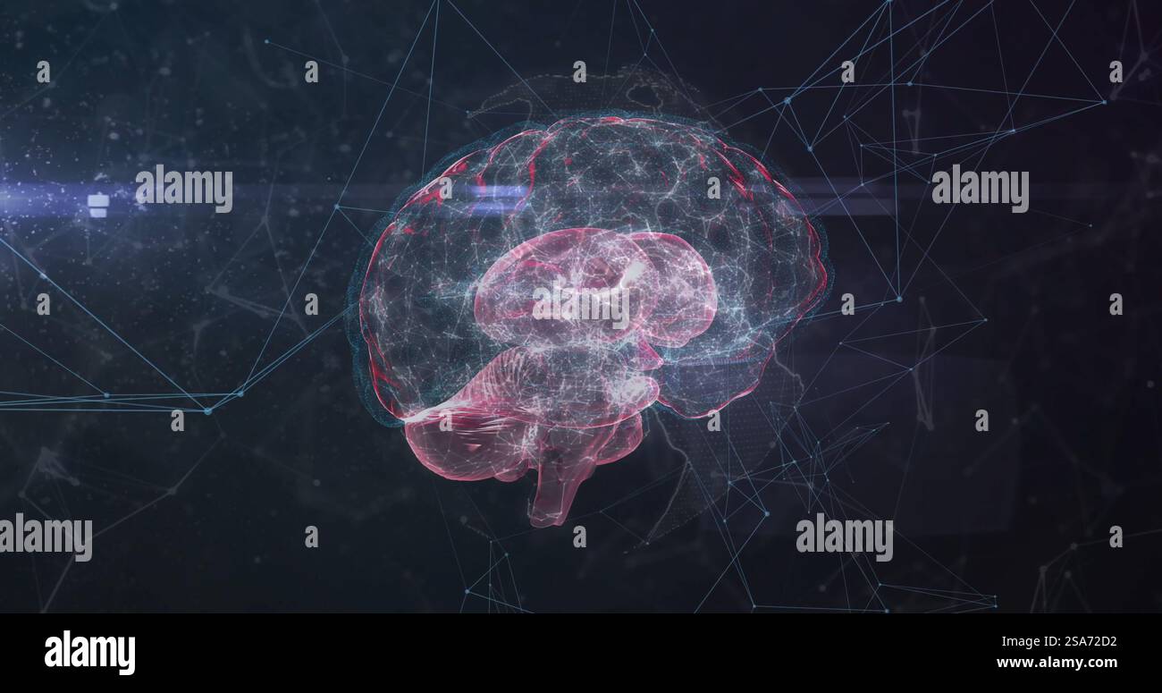 Image of digital brain with network of connections on black background ...