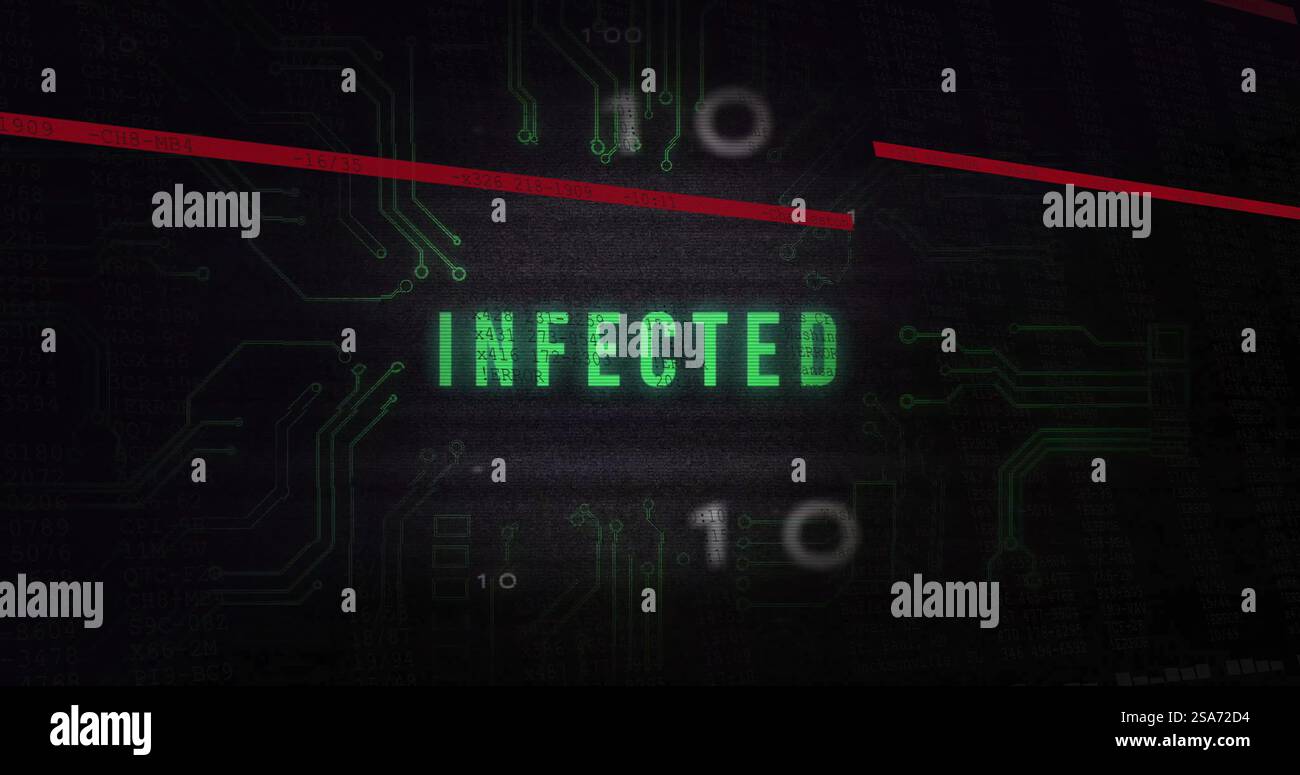 Image of infected text and digital data processing over black background Stock Photo - Alamy