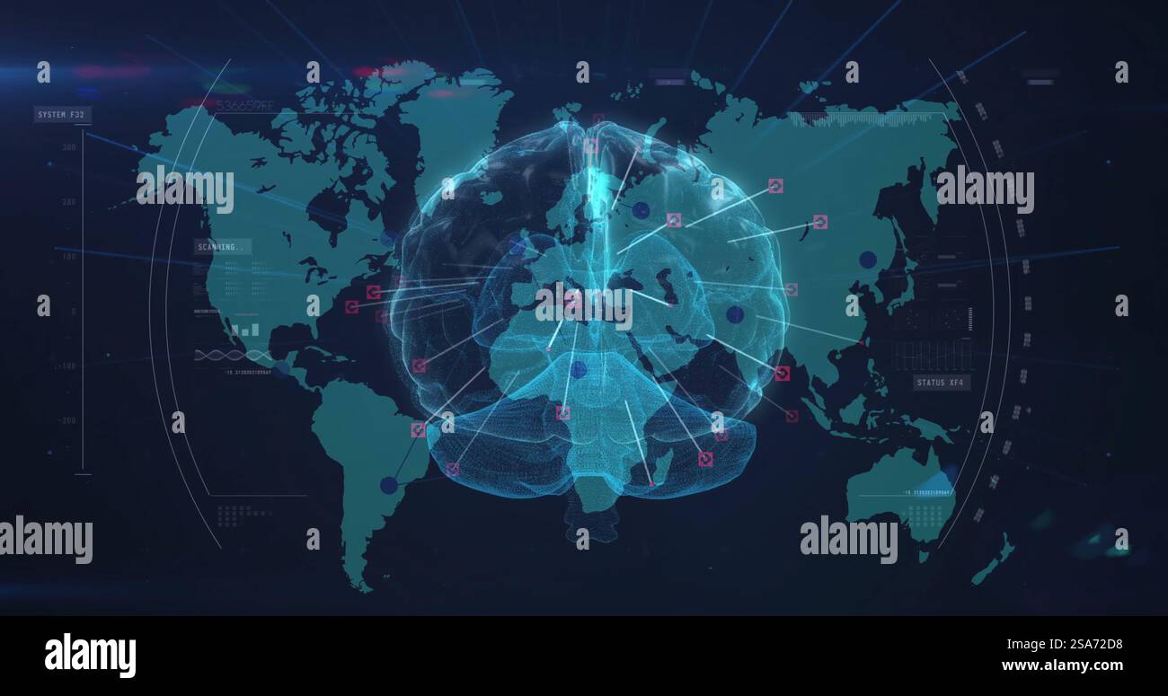 Image of digital brain over scope scanning with world map on black background Stock Photo - Alamy
