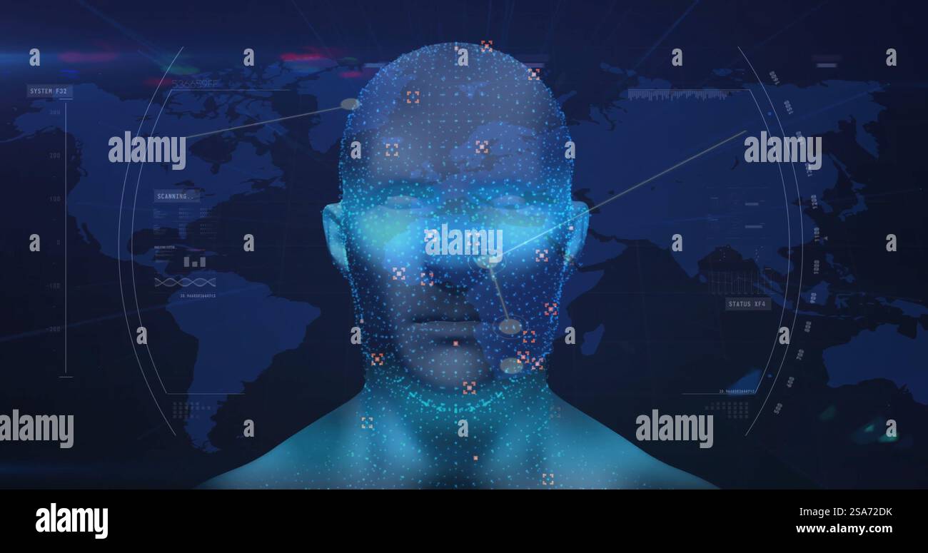 Image of digital human model over scope scanning with world map on ...