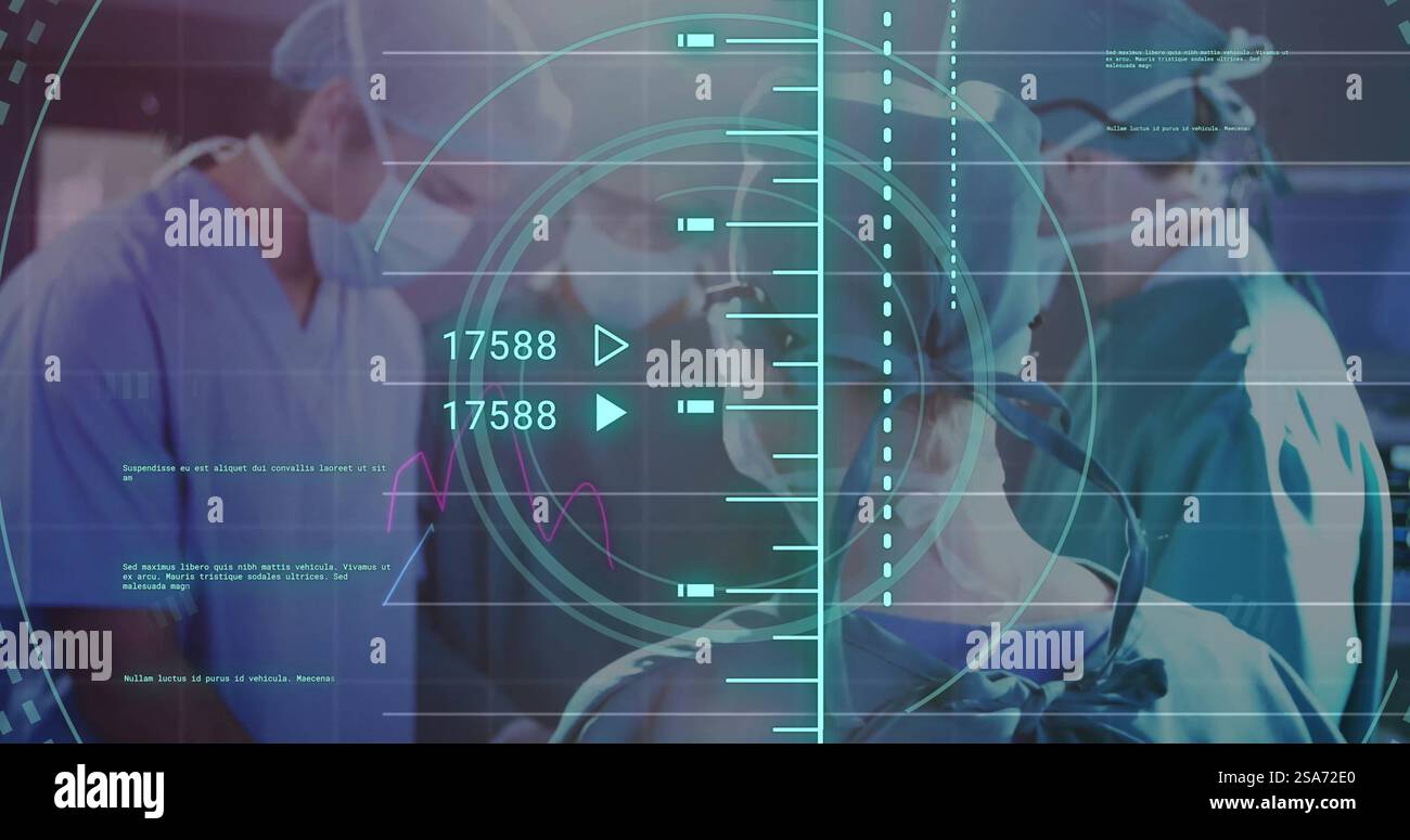 Image of circular scanner and data processing on charts over diverse surgeons operating Stock ...