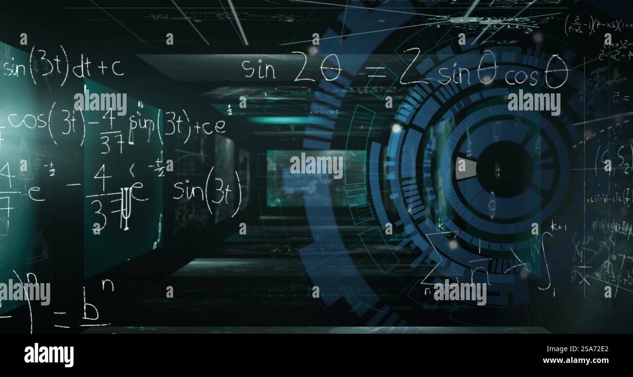 Image of mathematical equations and circular scanner over interface ...