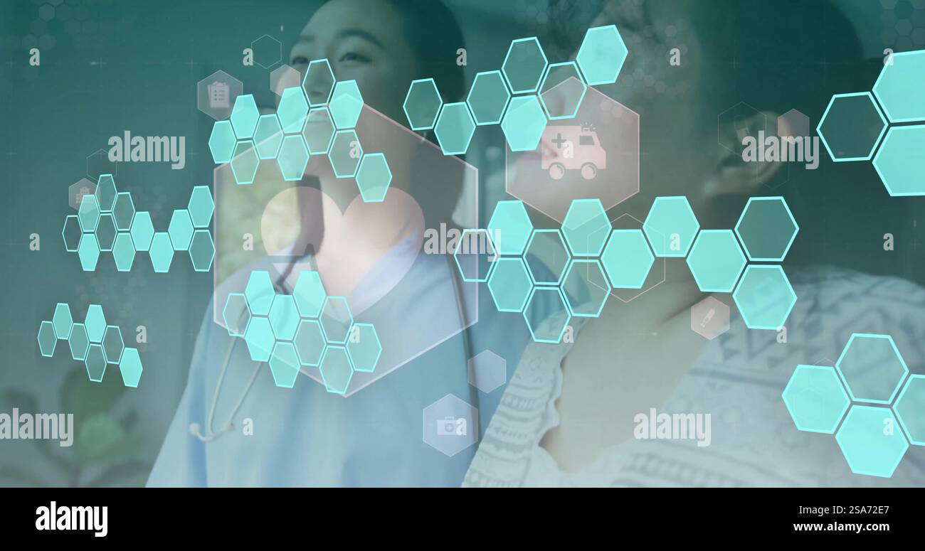 Image of element diagrams and health icons over diverse female doctor ...