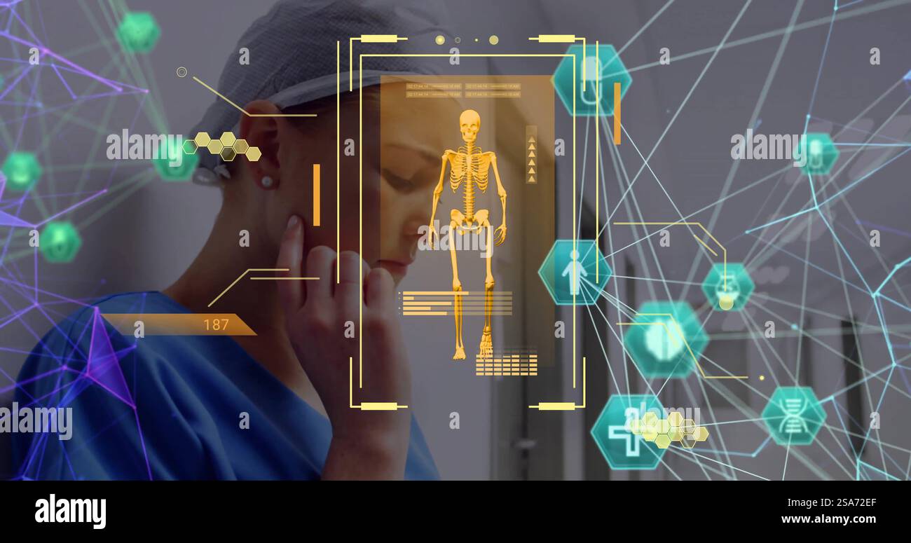 Image of scanner processing skeleton and network of medical icons over ...