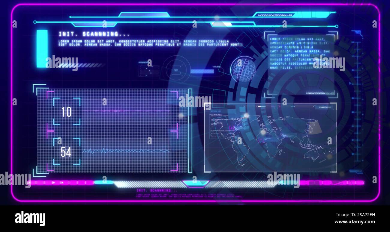 Image of circular scanner over charts processing data on interface screen Stock Photo - Alamy