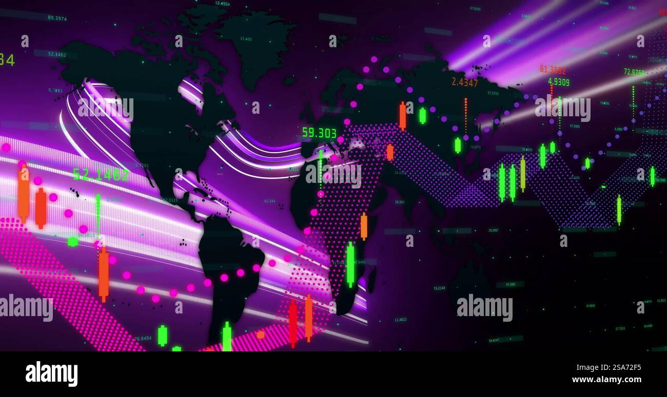Image of data processing and world map over light trails on purple ...